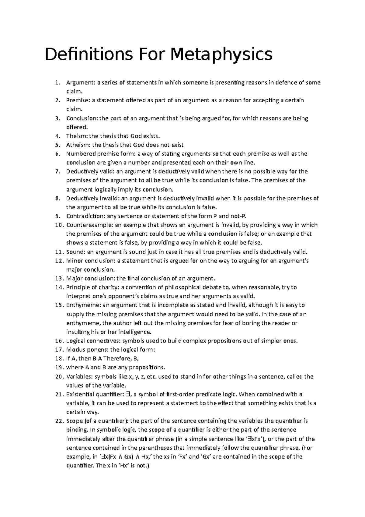 Definitions For Metaphysics - Definitions For Metaphysics Argument: a ...