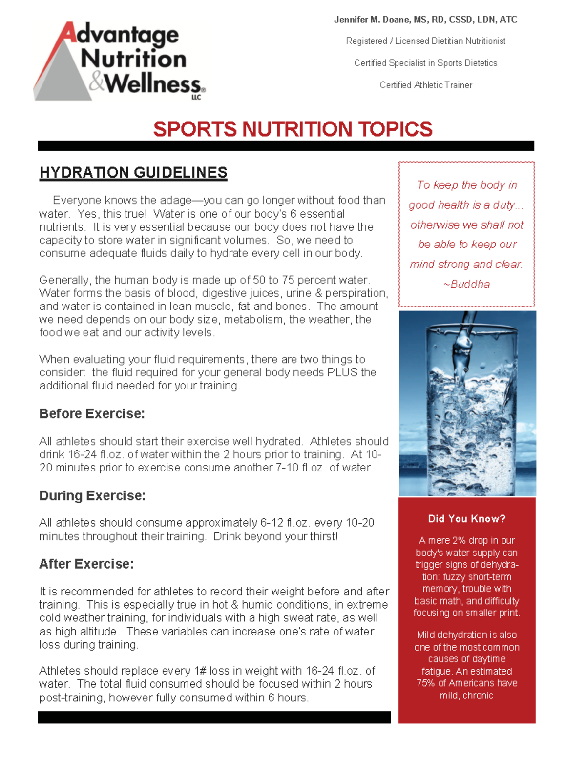 Hydration-guidelines handout - SPORTS NUTRITION TOPICS To keep the body ...