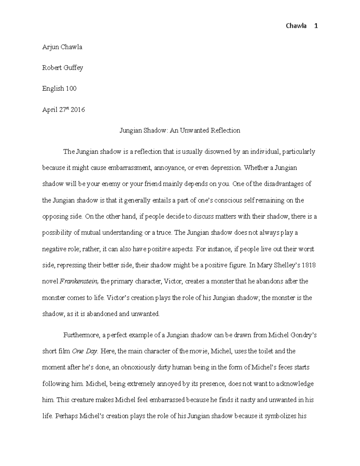 Frankenstein and Jungian Shadow - Chawla 1 Arjun Chawla Robert Guffey ...