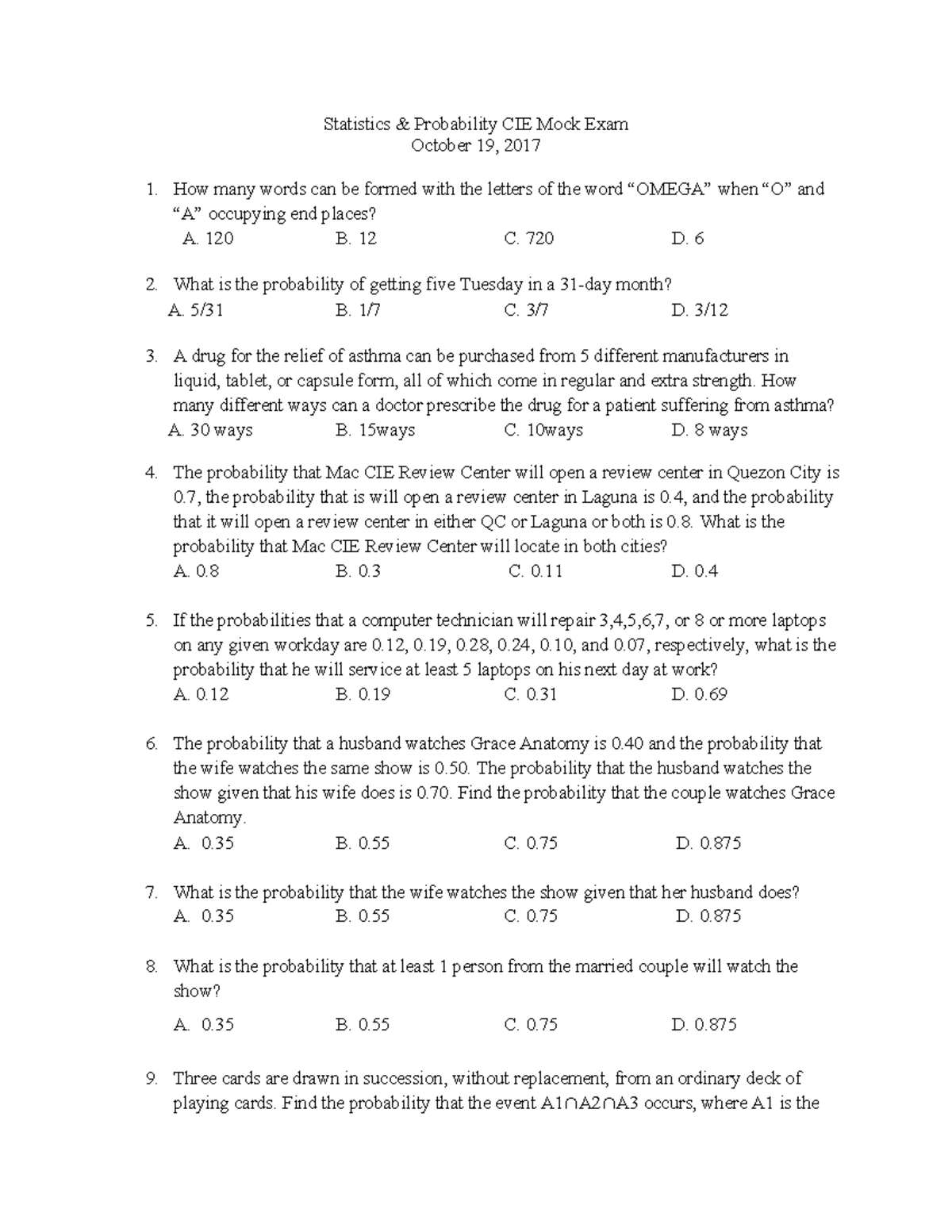 CIE Mock Exam Statistics - Statistics & Probability CIE Mock Exam ...