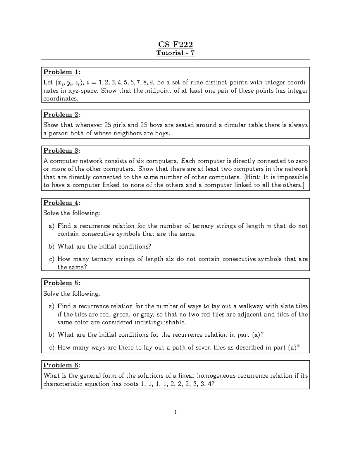 CS F222 Tutorial 7 - yuh - CS F Tutorial - 7 Problem 1: Let (xi, yi, zi), i = 1, 2 , 3 , 4 , 5 ...