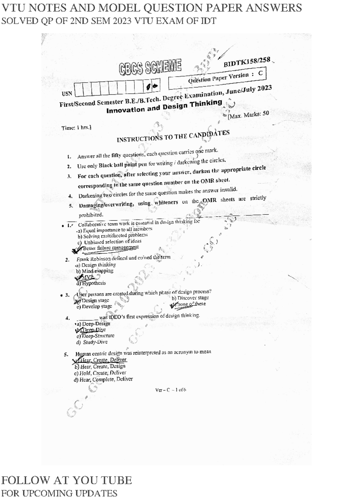 Idt3 - Model question paper - Innovation and Design Thinking - SOLVED QP OF 2ND SEM 2023 VTU ...