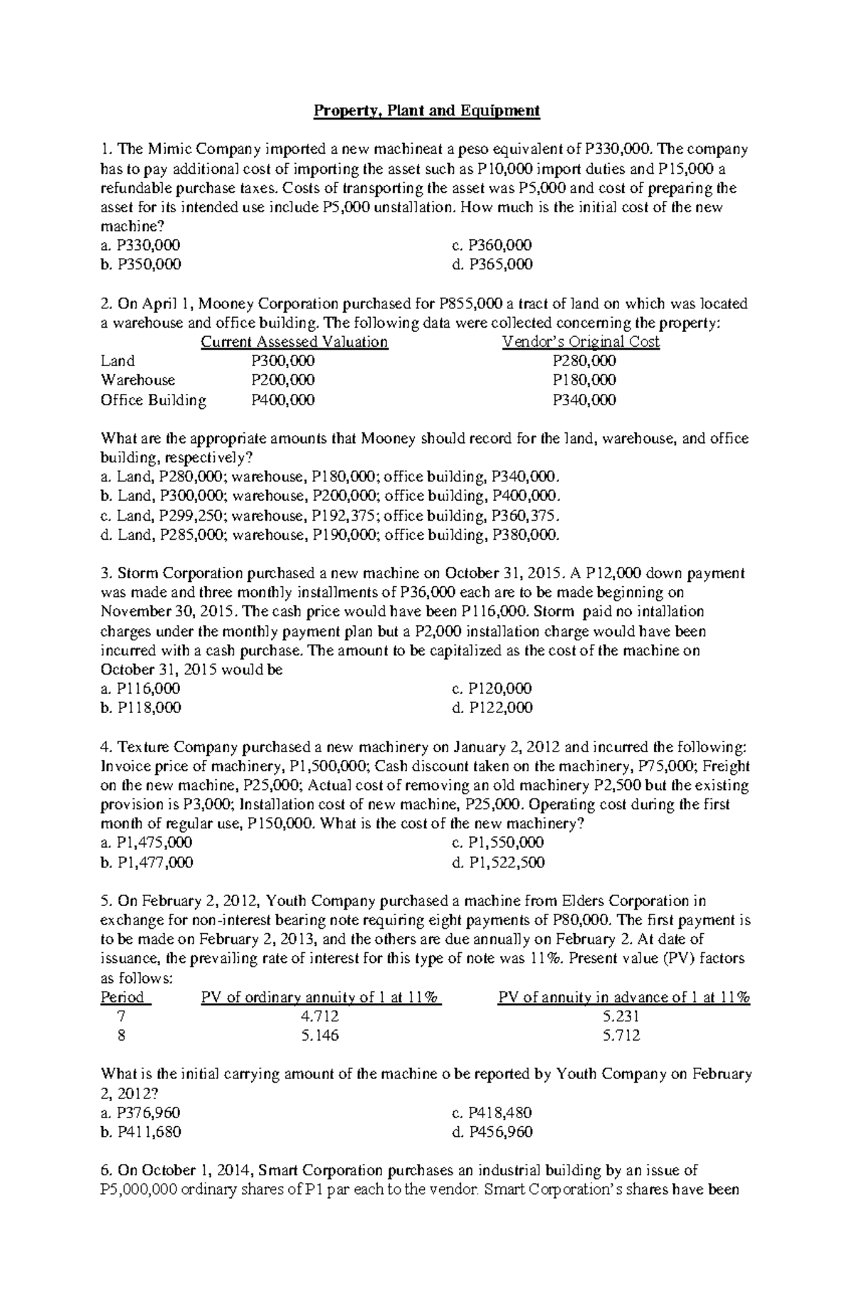 Pdfcoffee - Property, Plant and Equipment practice problems - Property, Plant and Equipment The ...