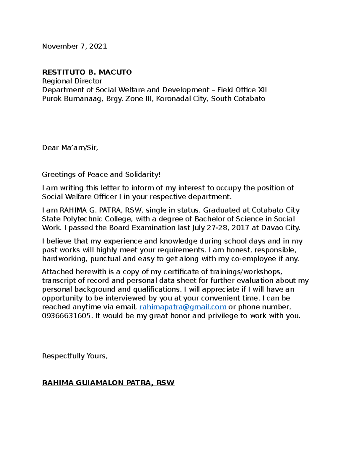 Application Letter - Reflection and understanding - November 7, 2021 ...