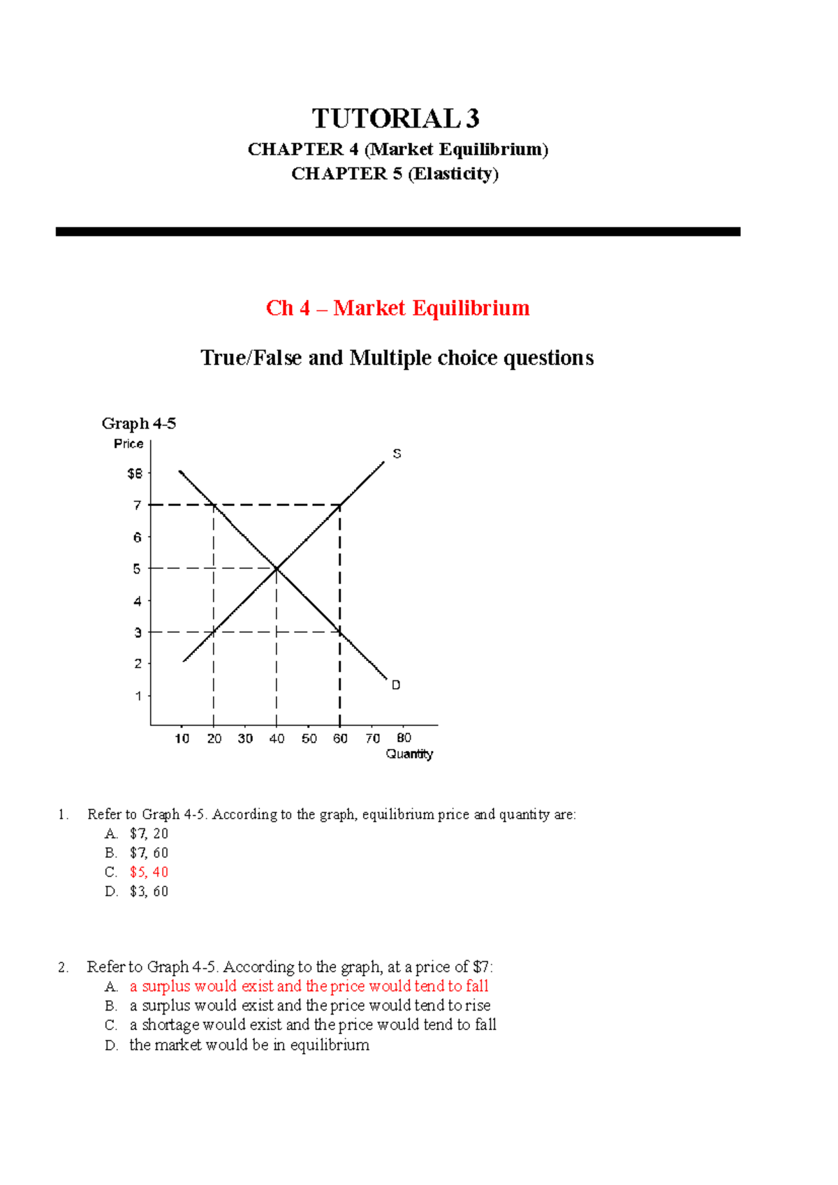 Tutorial 3 - Homework - TUTORIAL 3 CHAPTER 4 (Market Equilibrium ...