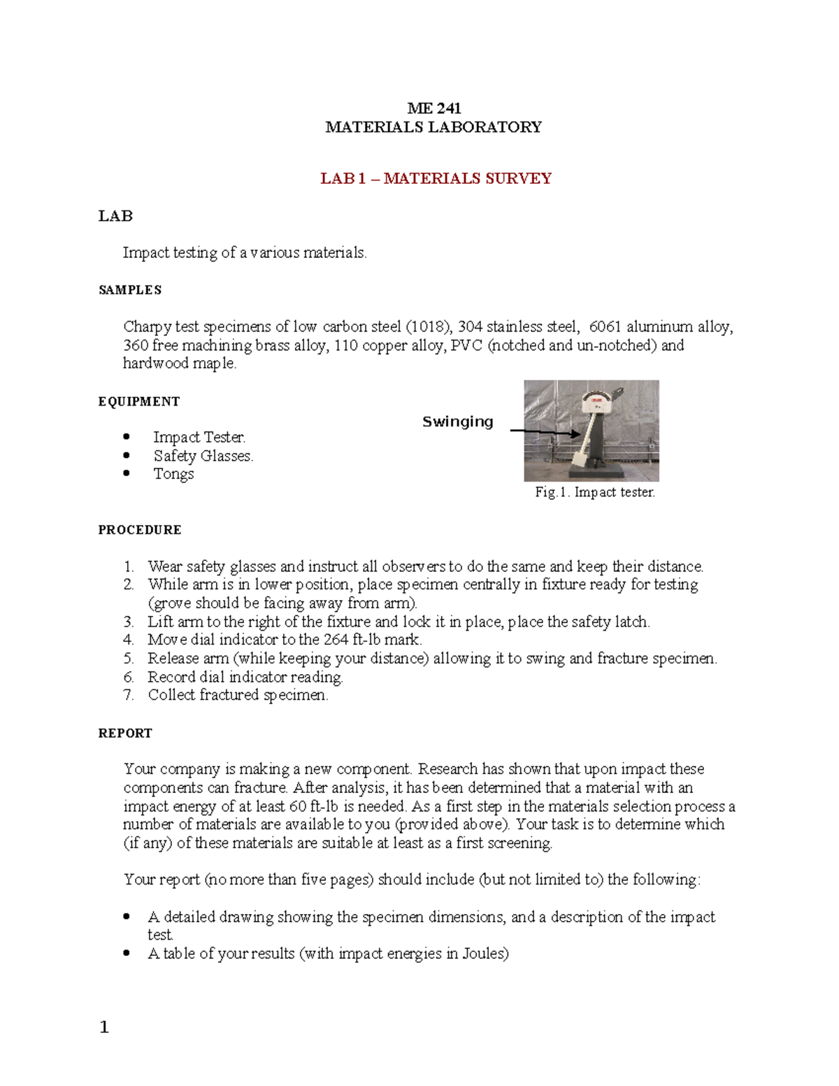Materials Survey 1 - ME 241 MATERIALS LABORATORY LAB 1 – MATERIALS ...