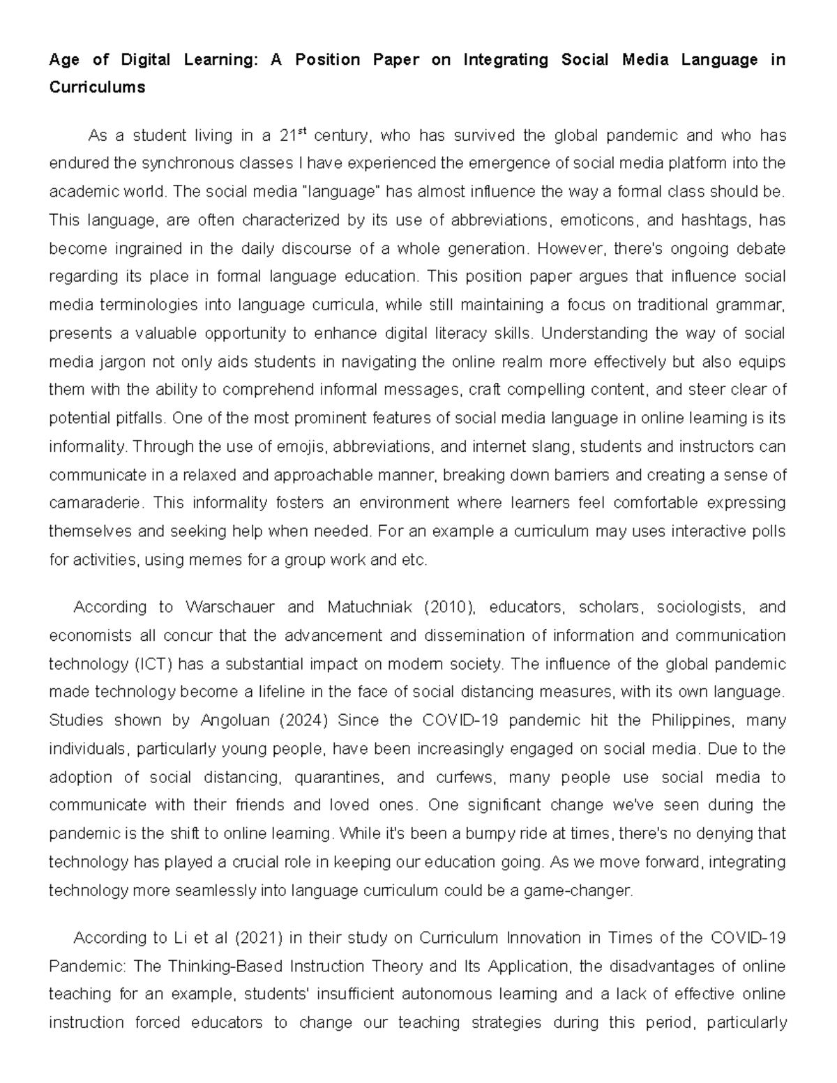 Position Paper - The social media “language” has almost influence the ...