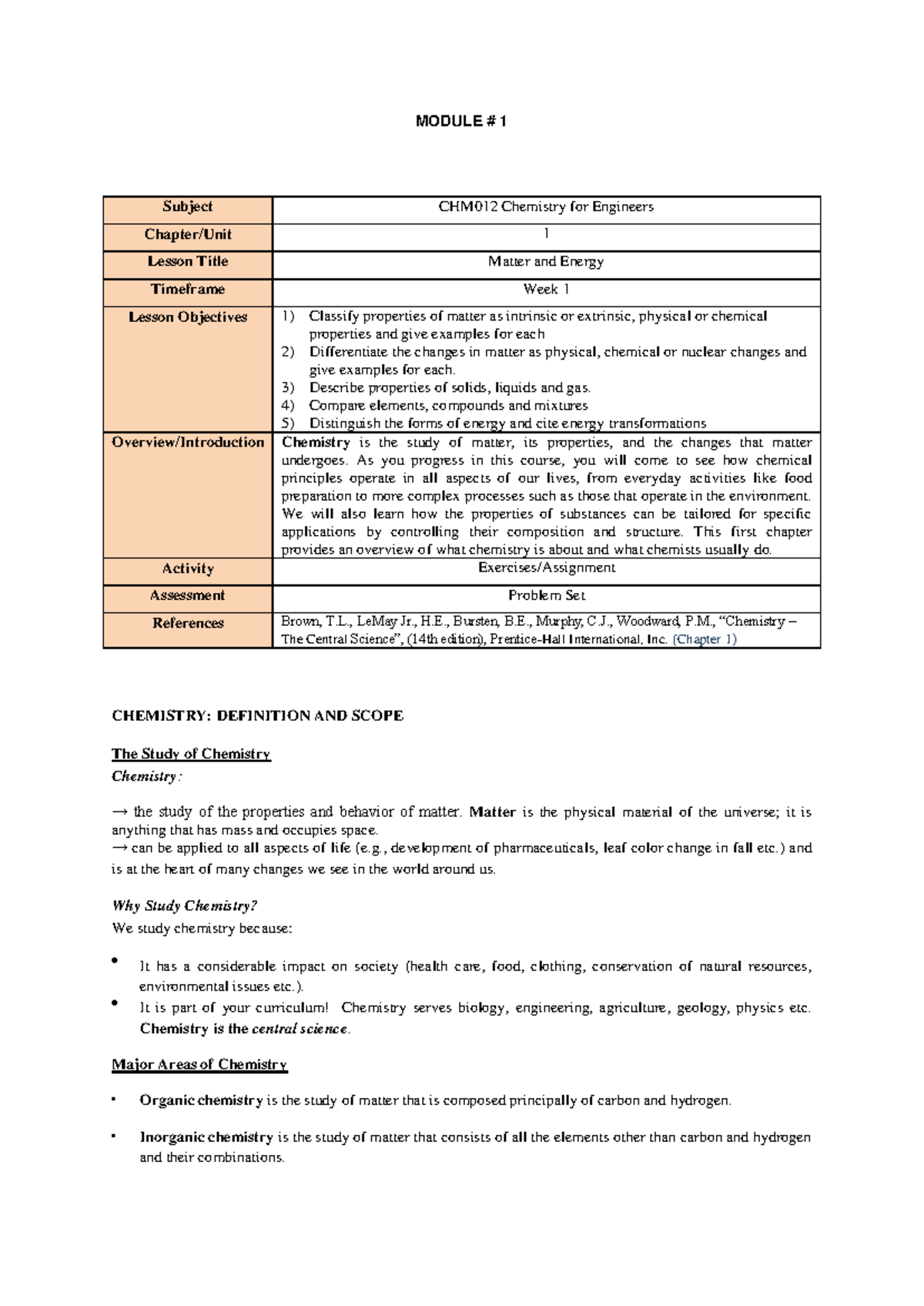 Chem 12 Module 1 - MODULE # 1 Subject CHM012 Chemistry for Engineers ...
