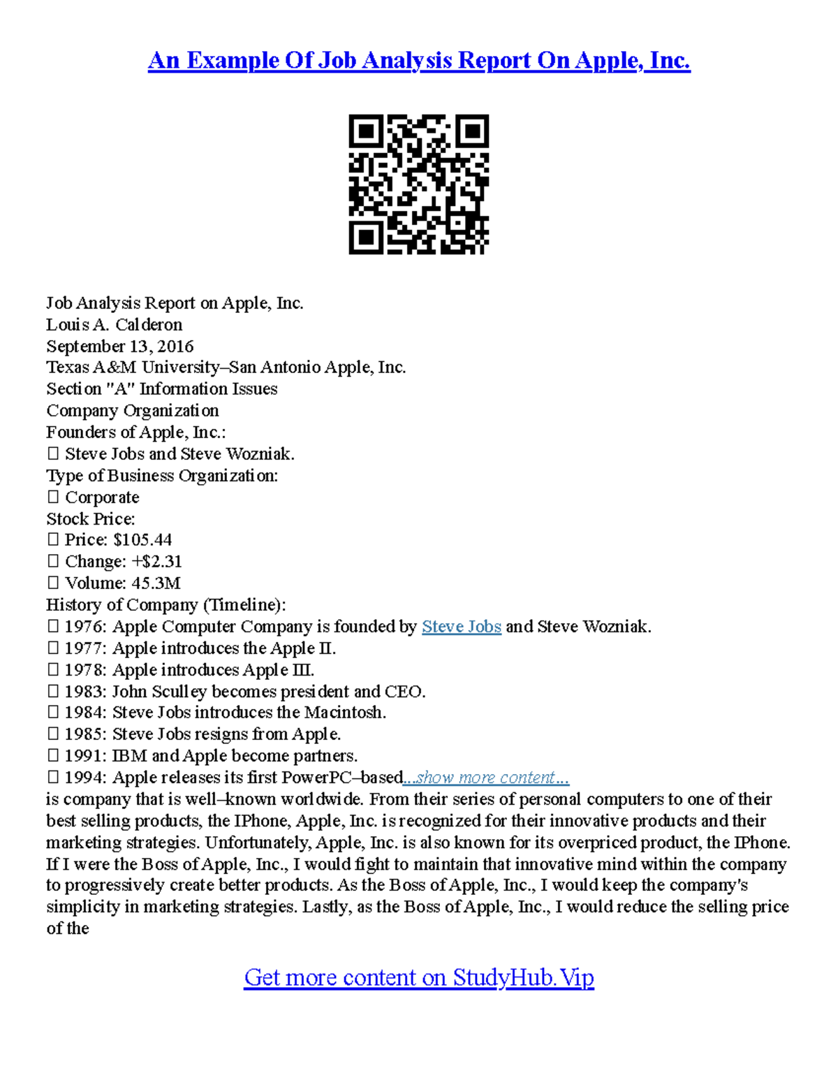 Job Analysis Essay - An Example Of Job Analysis Report On Apple, Inc ...