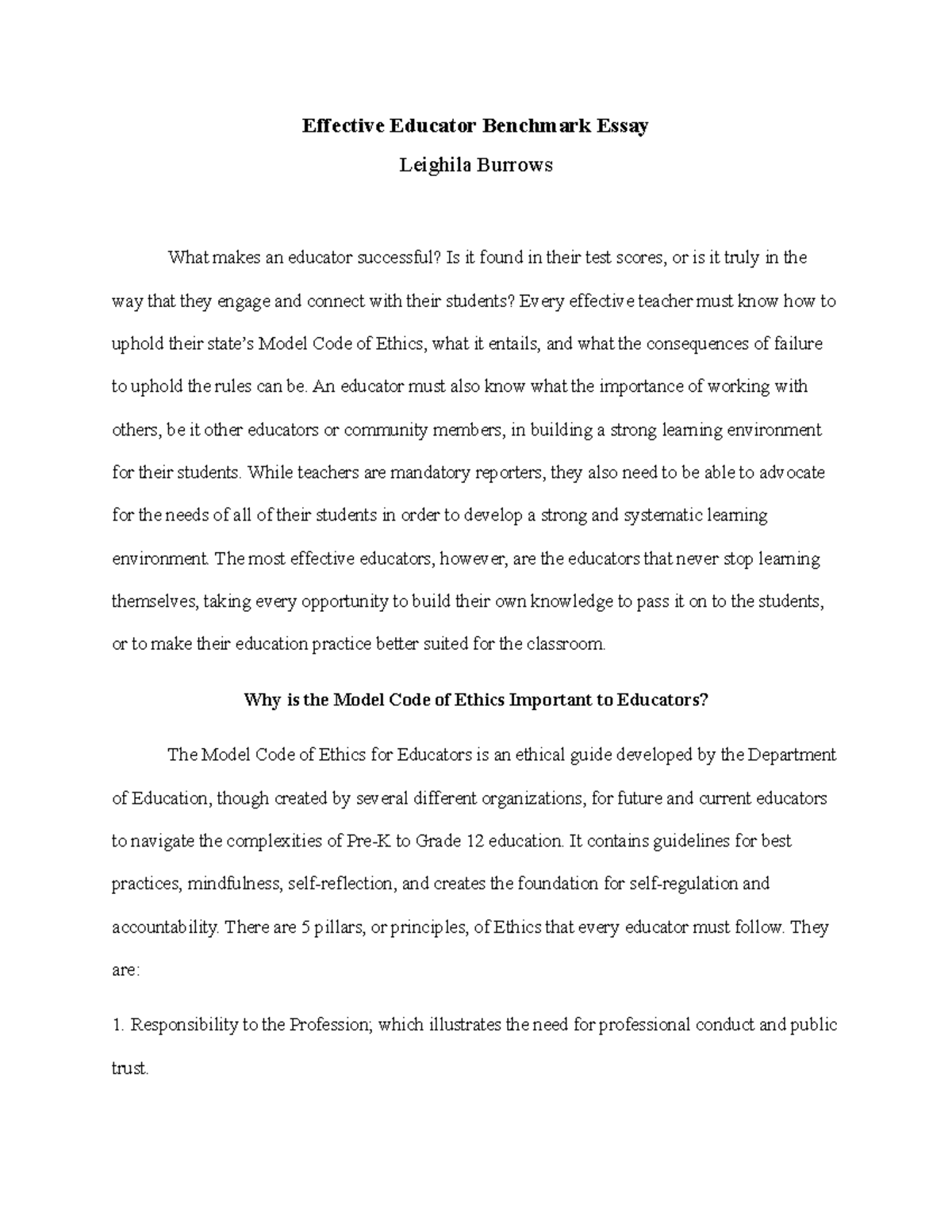 Effective Educator Benchmark Essay - Effective Educator Benchmark Essay ...