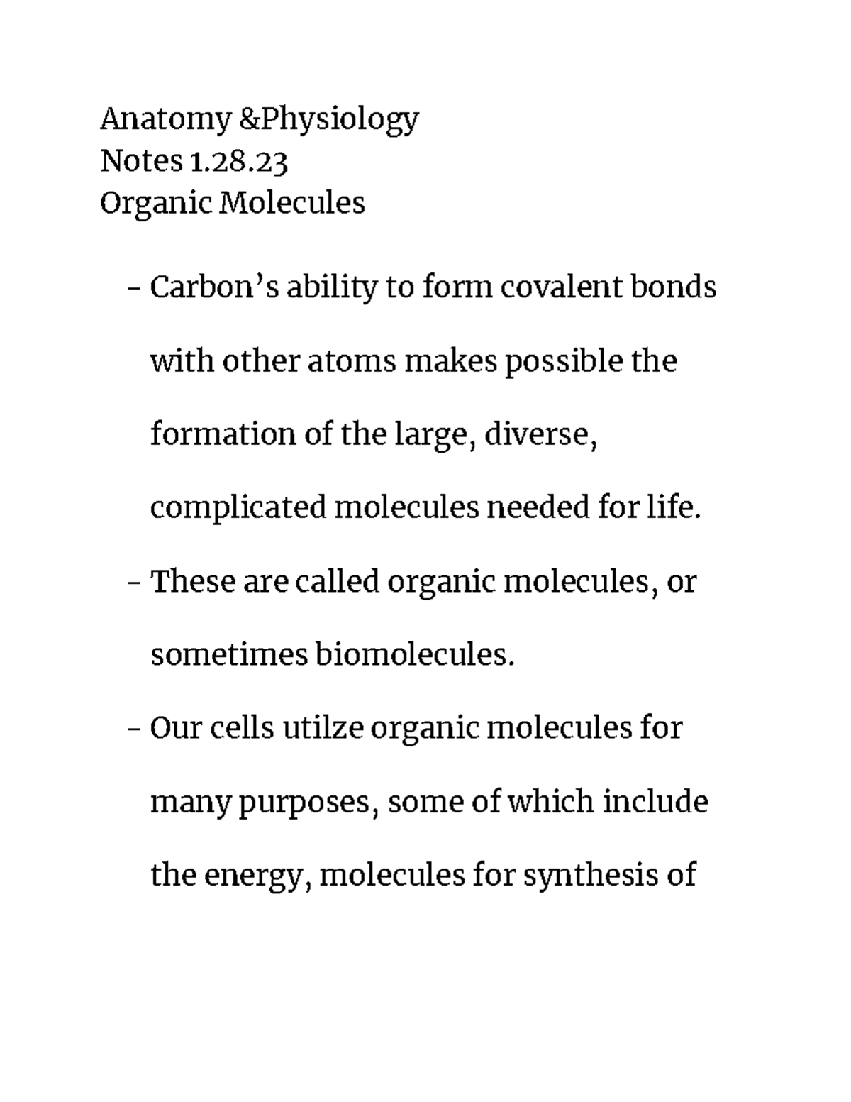 Organic molecules. - Notes - Anatomy &Physiology Notes 1. Organic ...