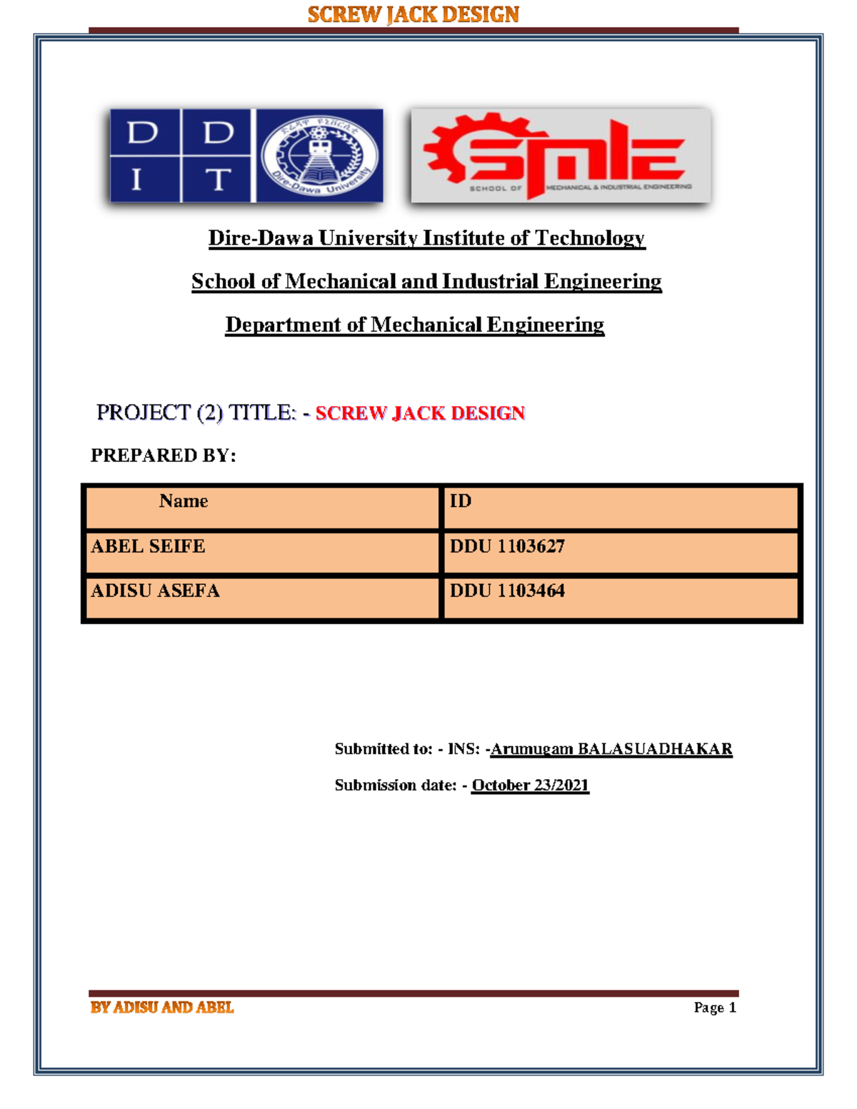 Screw jack design project - Dire-Dawa University Institute of ...