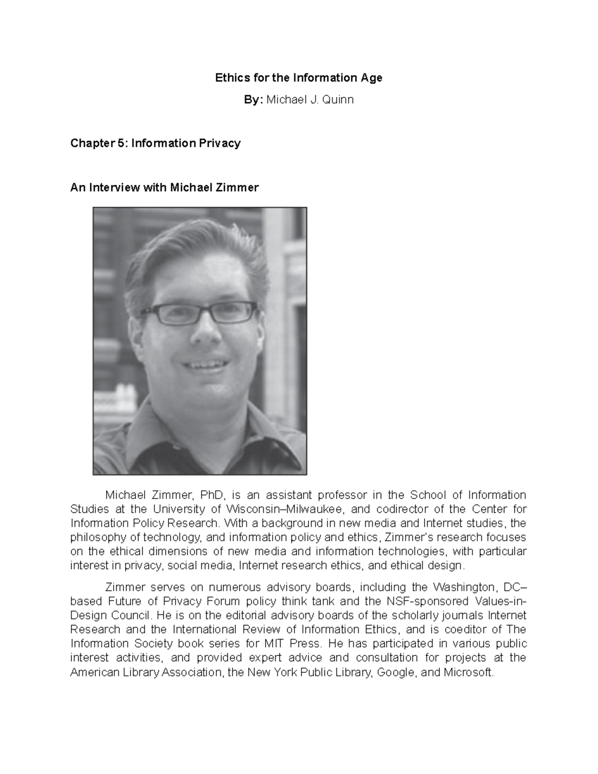Chapter 5 Information Privacy an Interview with Michael Zimmer - Ethics ...