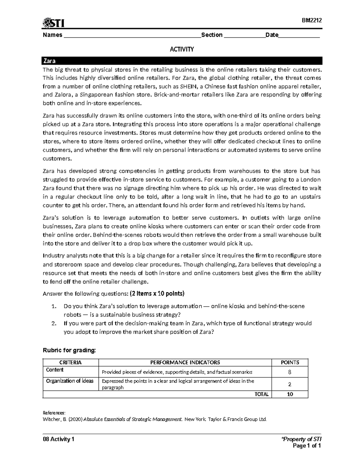 08 Activity 1 - note - Names Section Date ACTIVITY Zara The big threat ...