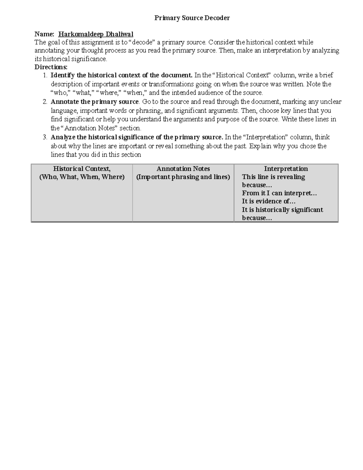 Primary Source Decoder - Primary Source Decoder Name: Harkomaldeep ...