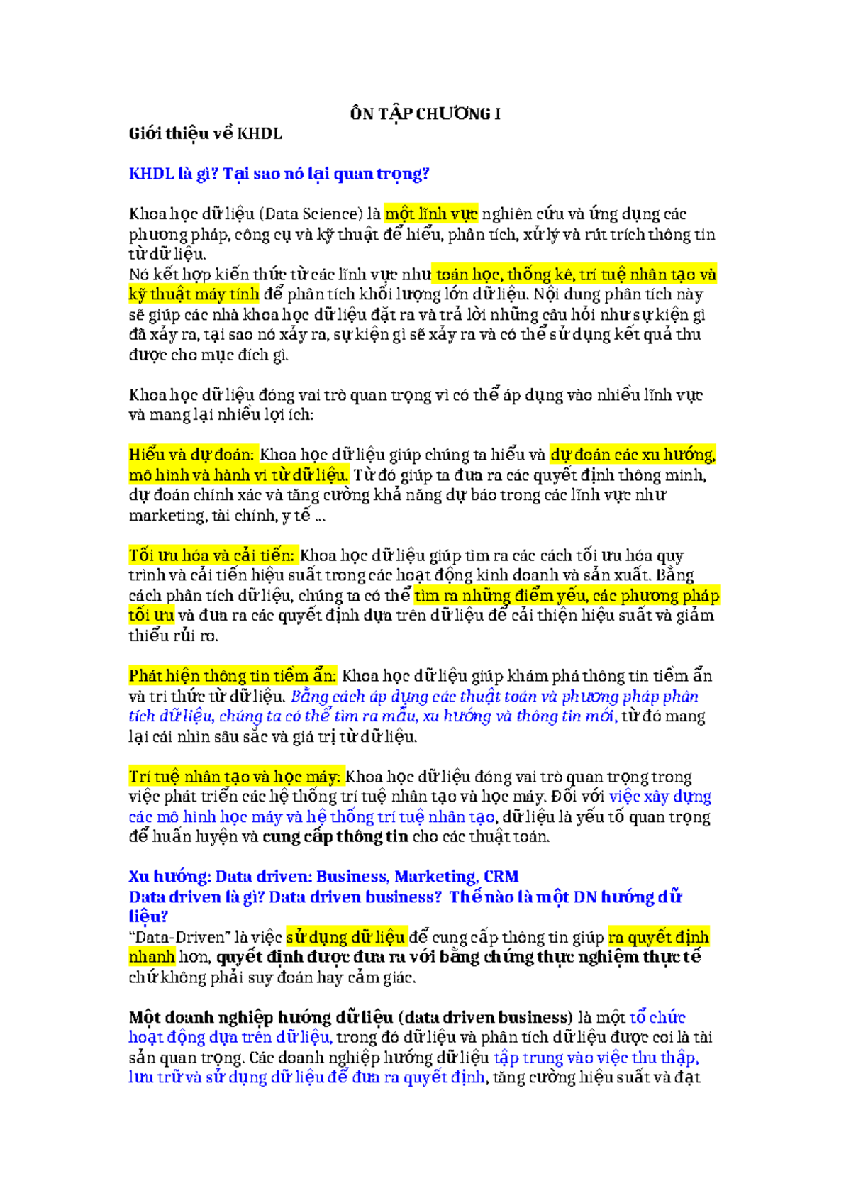 ÔN TẬP - Ôn tập lý thuyết - ÔN T ẬP CH ƯƠNG I Gi ới thi ệu v ềKHDL KHDL là gì? T ại sao nó l ại ...