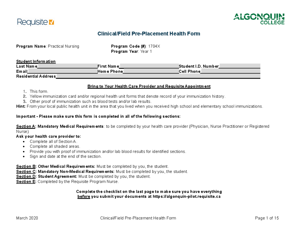 1704X Practical Nursing Year 1 2020 - Clinical/Field Pre-Placement ...