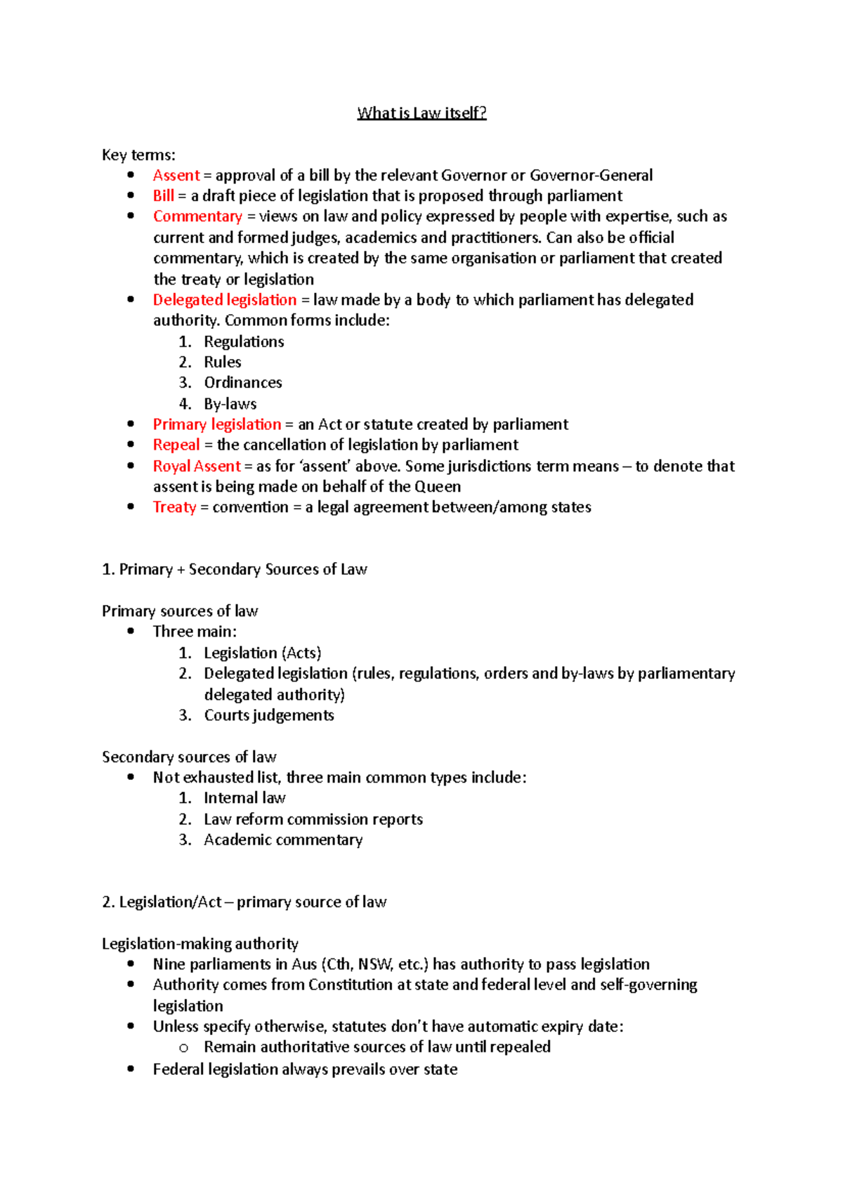 LAW 115 Notes What Is Law Itself Key Terms Assent Approval Of A