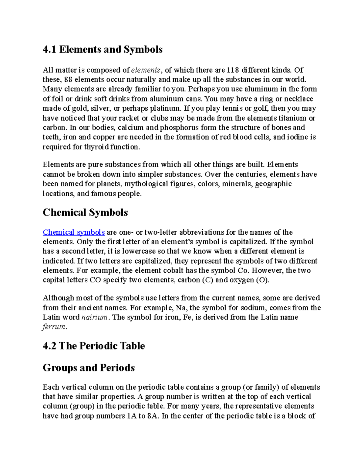 Chapter ch4 notes - 4 Elements and Symbols All matter is composed of ...