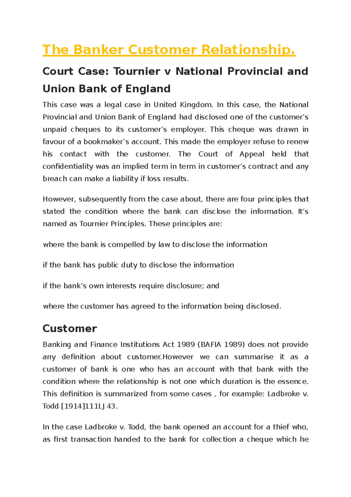 The Banker Customer Relationship. Court Case- Tournier v National ...