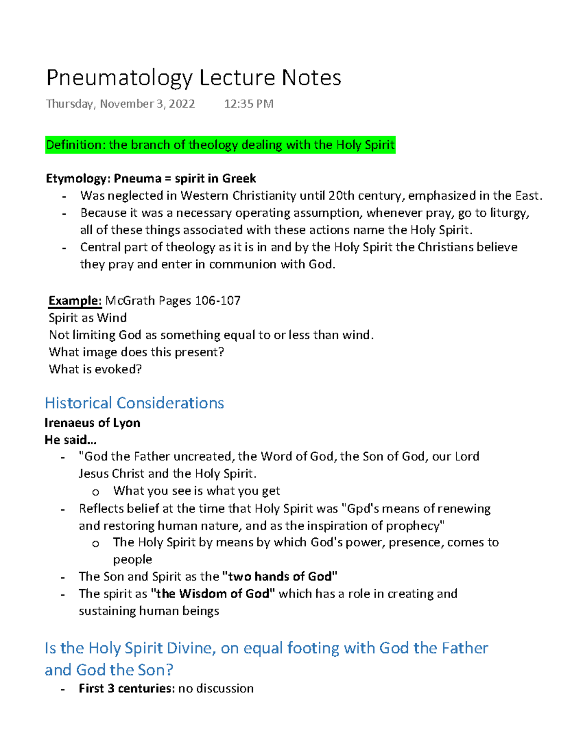 Pneumatology Lecture Notes - Definition: the branch of theology dealing ...