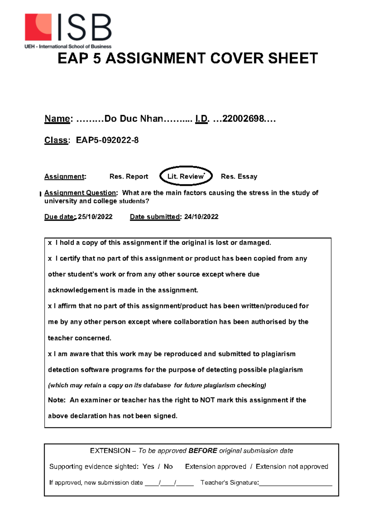 EAP5-0922GP-8-Critical Literature Review-Do Duc Nhan-22002 698 - EAP 5 ASSIGNMENT COVER SHEET ...