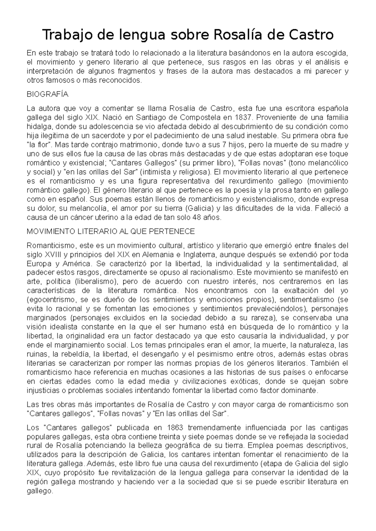 Trabajo de lengua sobre Rosalía de Castro - BIOGRAFÍA La autora que voy ...