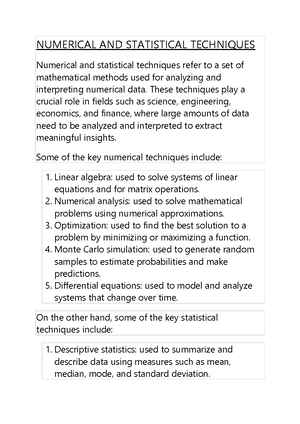 Numerical AND Statistical Techniques - Calculation of measures such as mean, median, mode, - Studocu