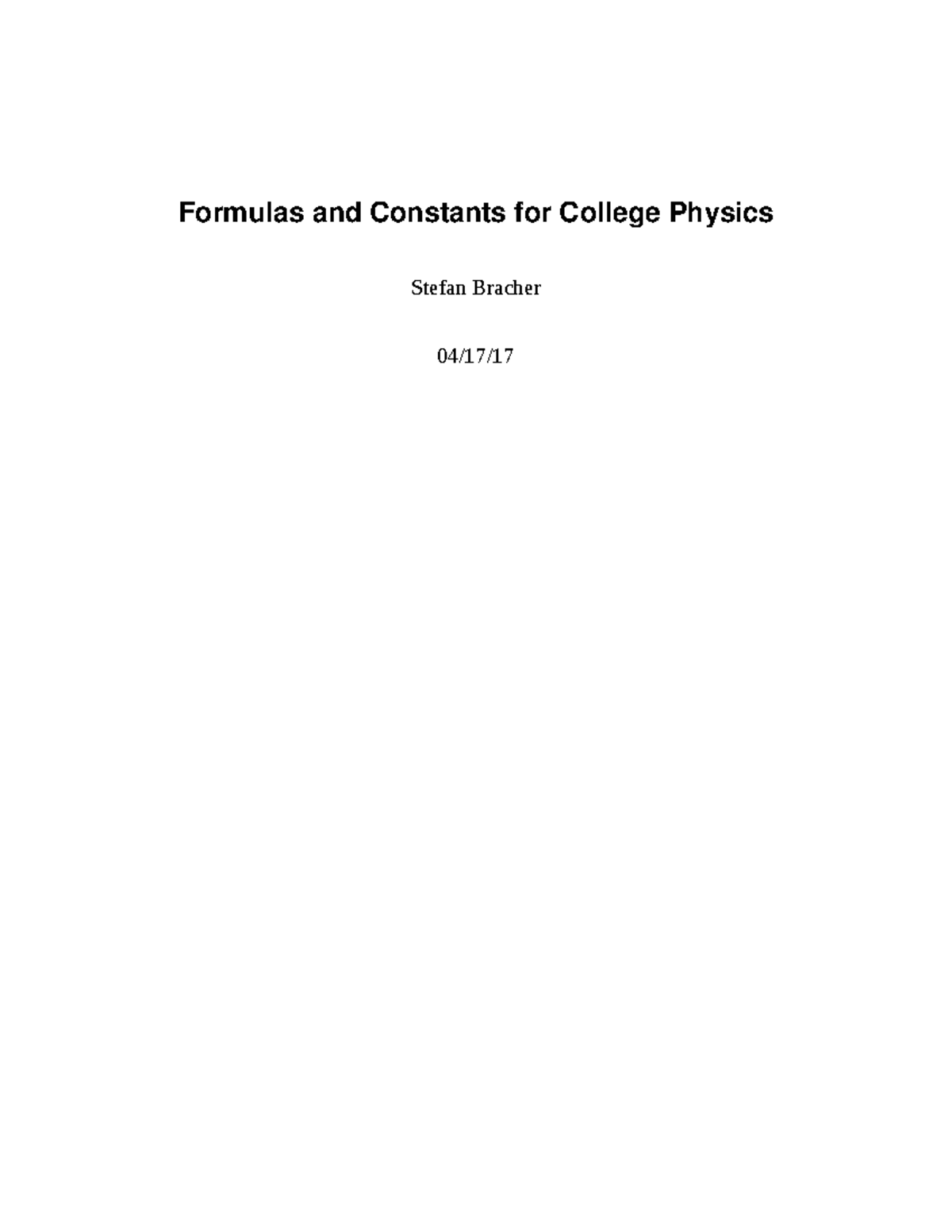 Physics Formula Sheet Memory Aid - Formulas and Constants for College ...