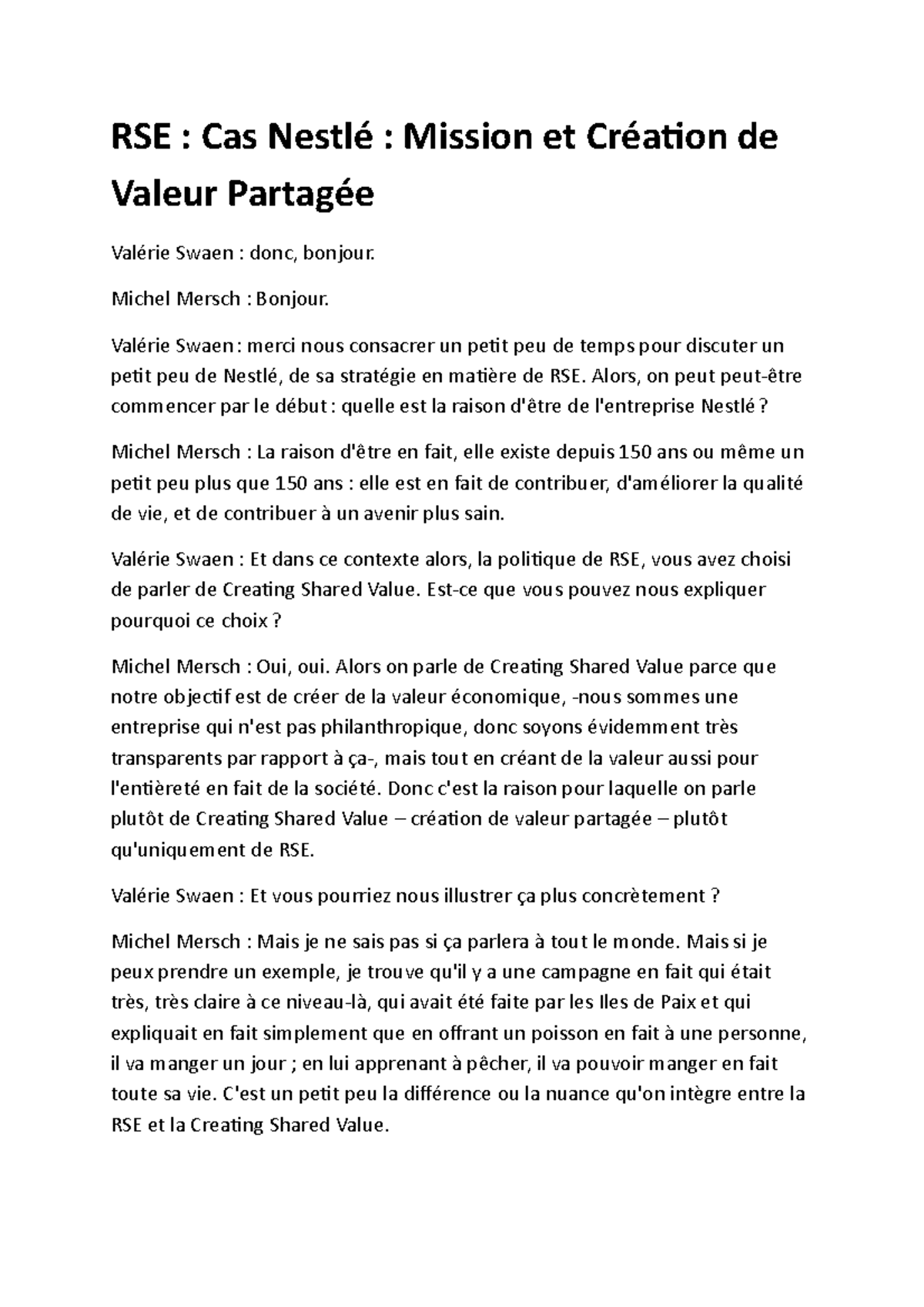 RSE-cas nestlé - RSE : Cas Nestlé : Mission et Création de Valeur ...