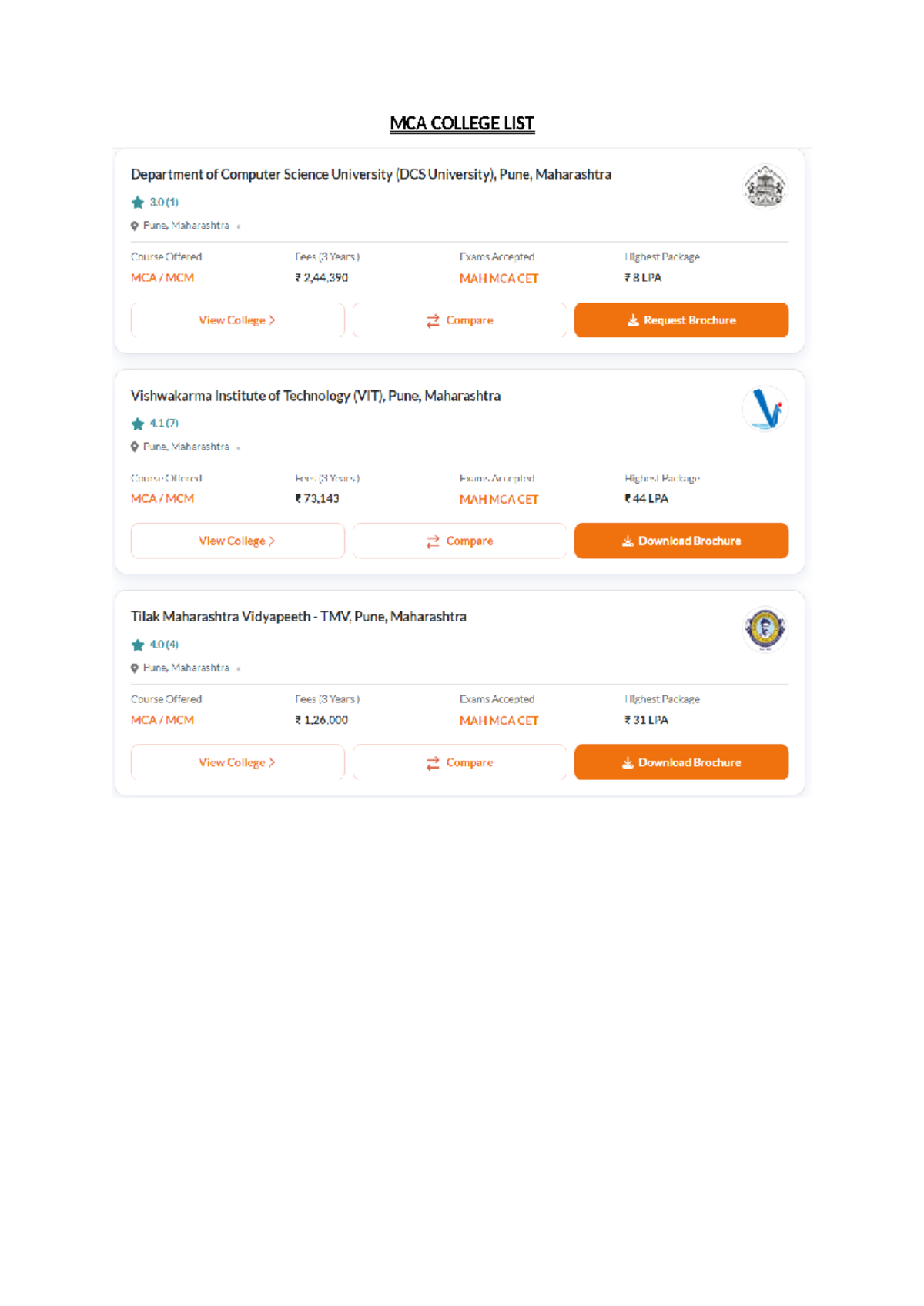 MCA College LIST - MCA COLLEGE LIST - Studocu