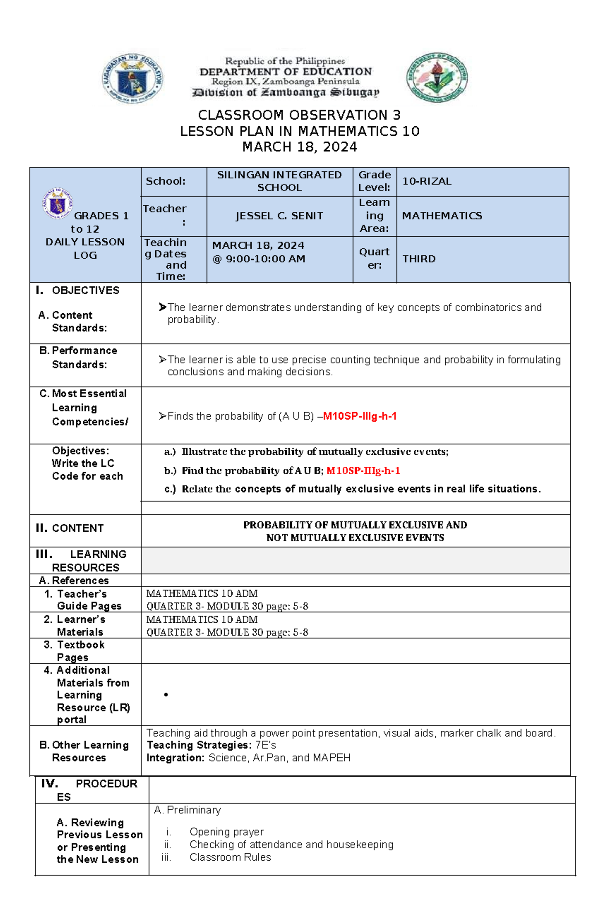 CO3 DLP 100734 - CLASSROOM OBSERVATION 3 LESSON PLAN IN MATHEMATICS 10 ...