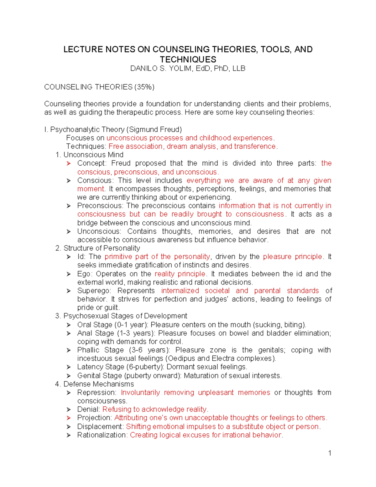 Lecture Notes ON Counseling Theories - LECTURE NOTES ON COUNSELING ...