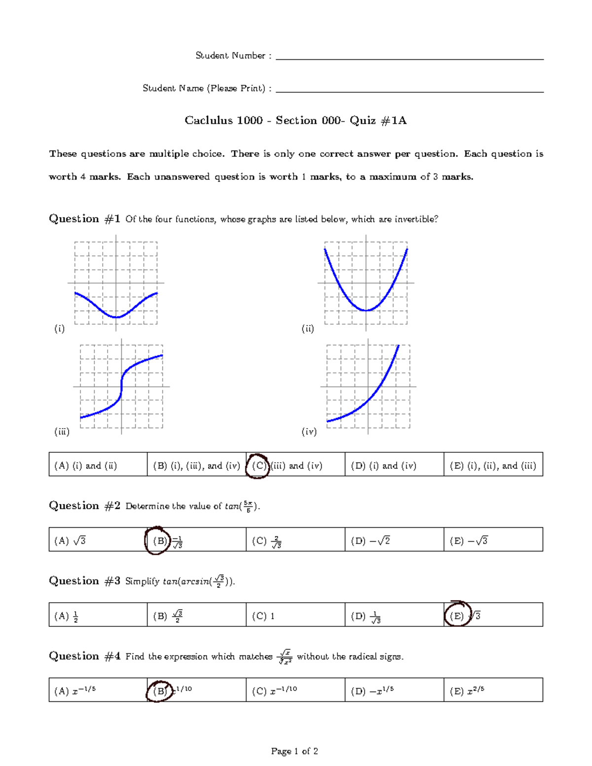 Calculus Quiz 1A - Student Number : Student Name (Please Print ...
