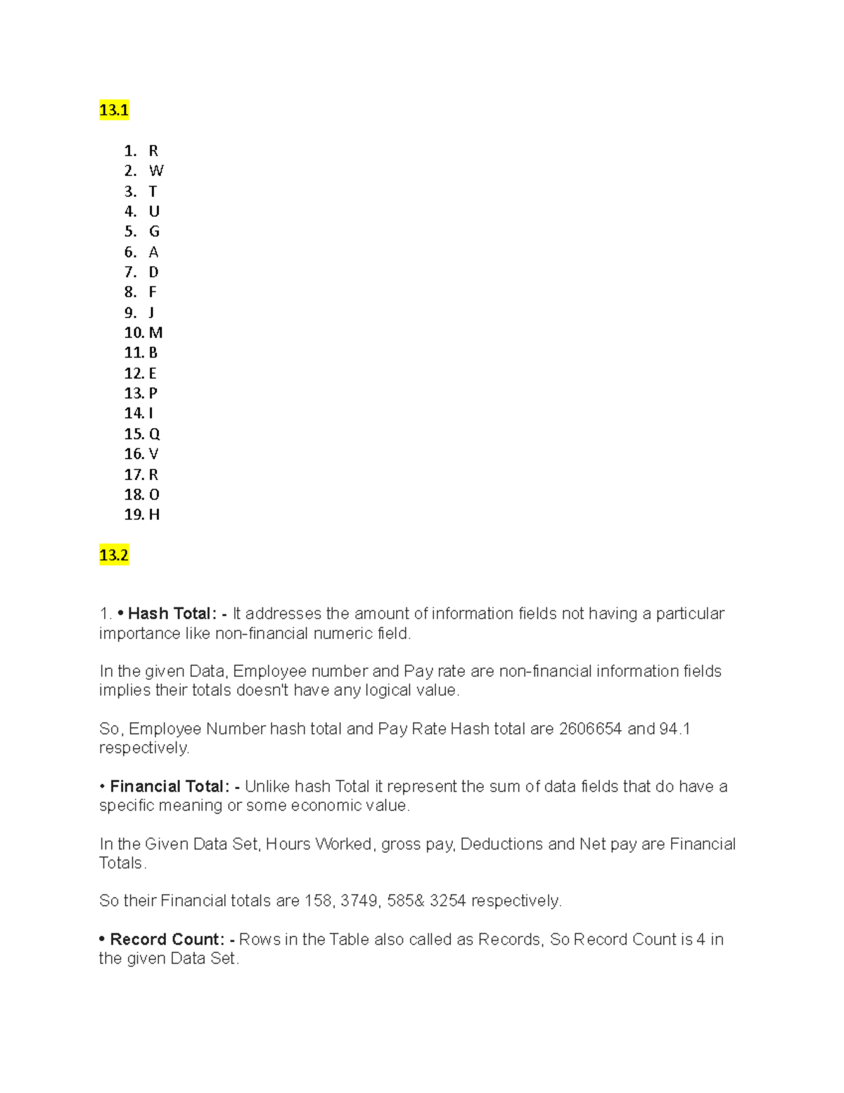 Chapter 13 AIS HW - homework - 13. 1. R 2. W 3. T 4. U 5. G 6. A 7. D 8 ...