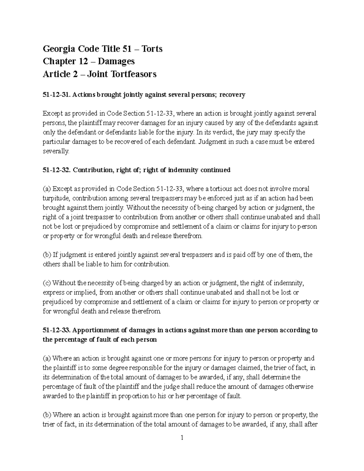 Georgia Code Title 51 - Actions brought jointly against several persons ...