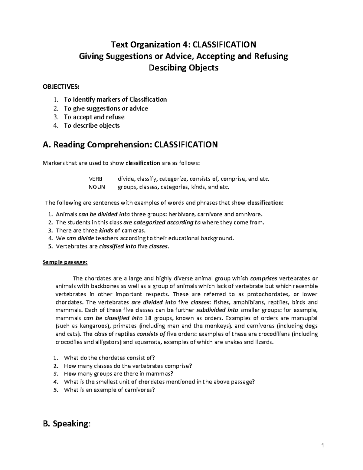 Classification - Text Organization 4: CLASSIFICATION Giving Suggestions ...