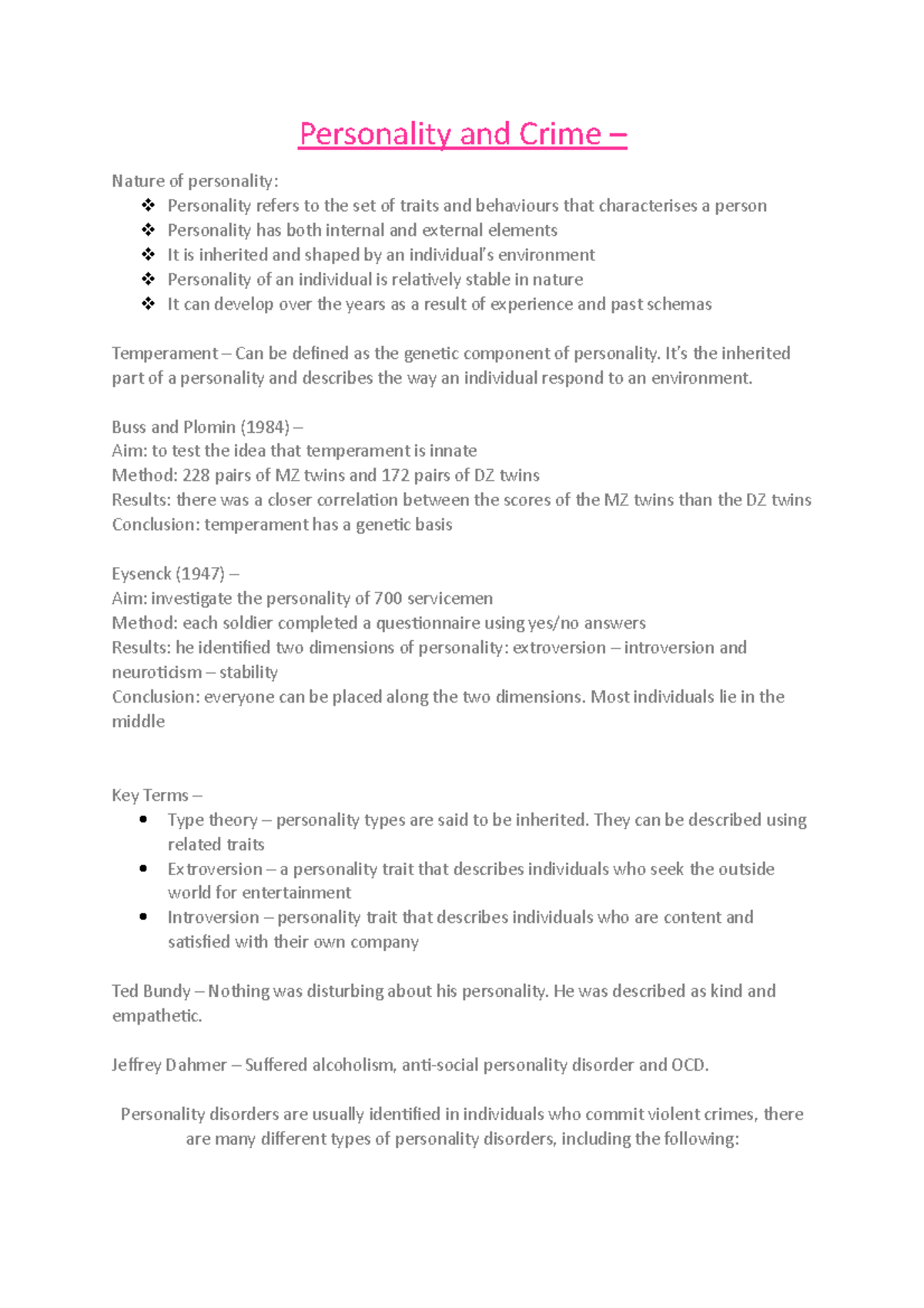 Personality and Crime, Lecture 3 - Personality and Crime – Nature of ...