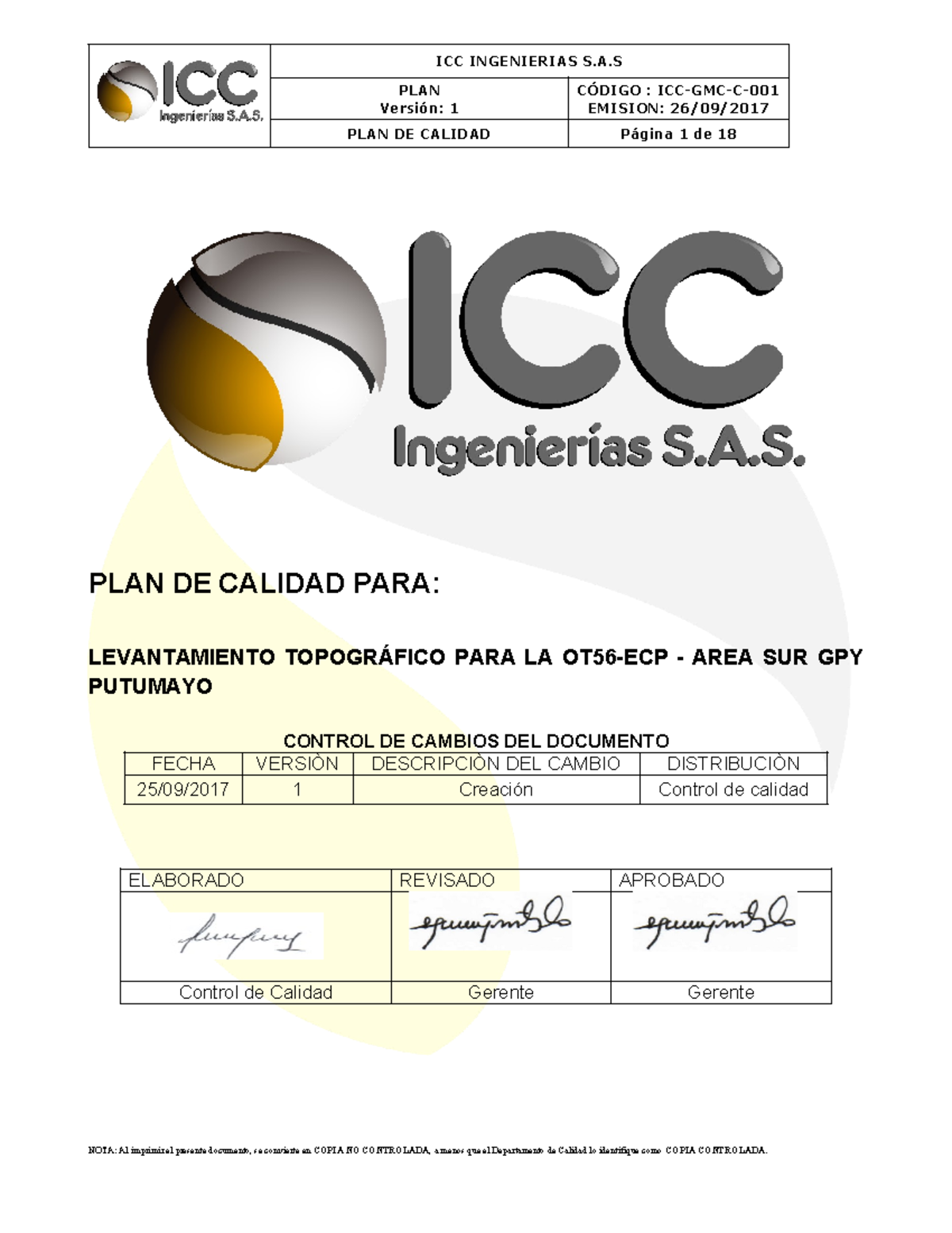 ICC-PMC-C-001 PLAN DE Calidad Estacion Colon- Putumayo - PLAN Versión ...