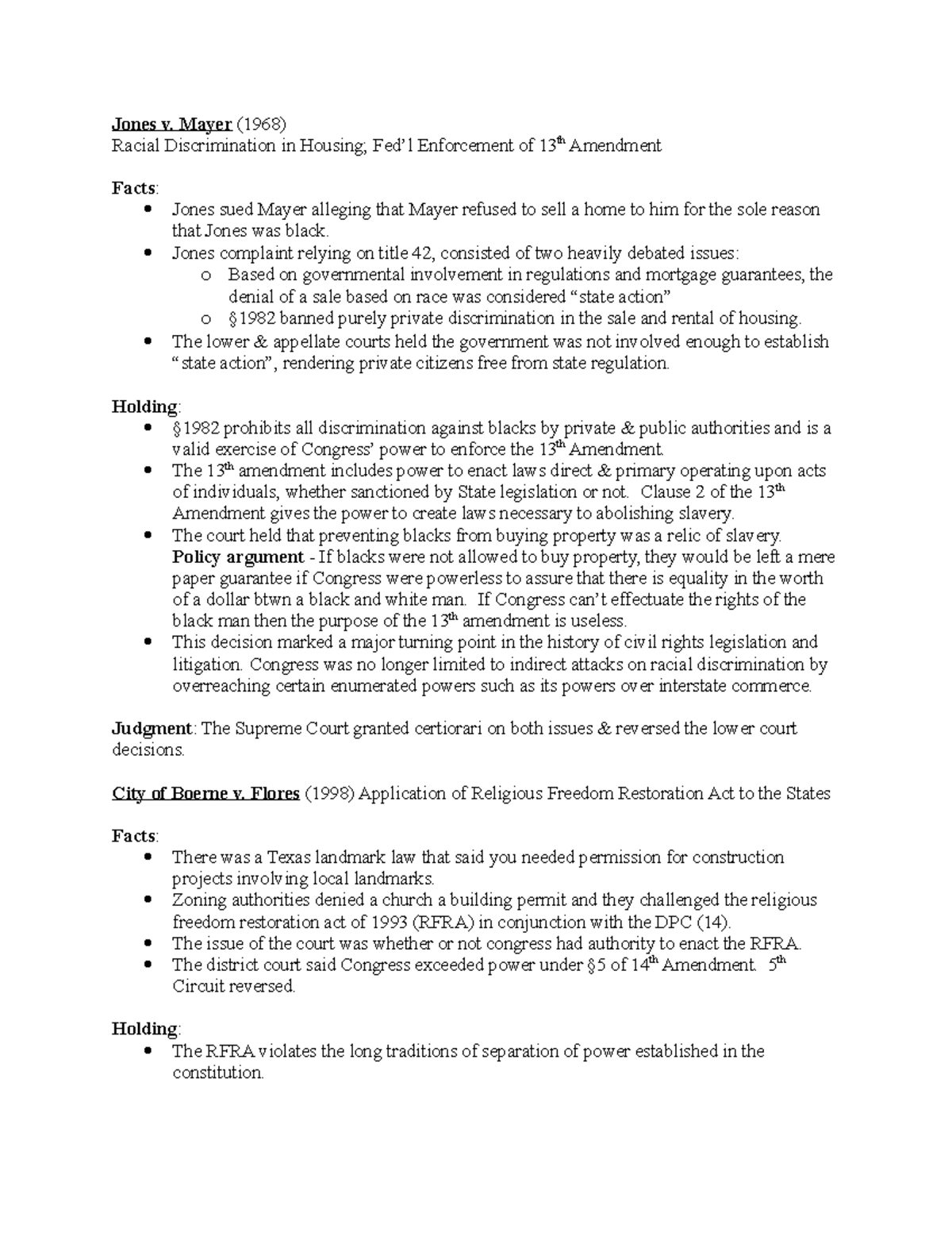 Constitutional Law Outline - 2 - Jones v. Mayer (1968) Racial ...