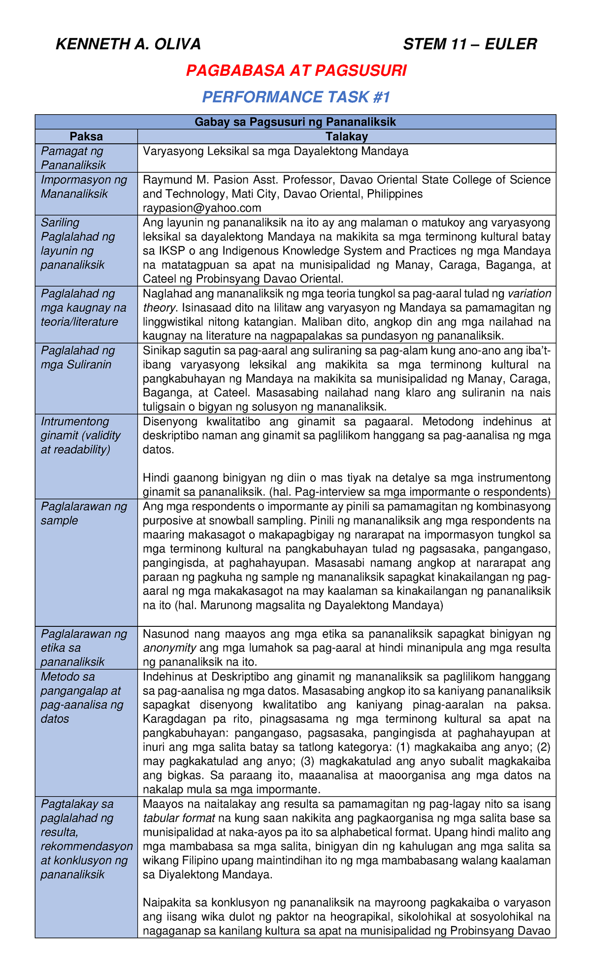 Pagbabasa AT Pagsusuri PT#1 - KENNETH A. OLIVA STEM 11 – EULER PAGBABASA AT PAGSUSURI ...