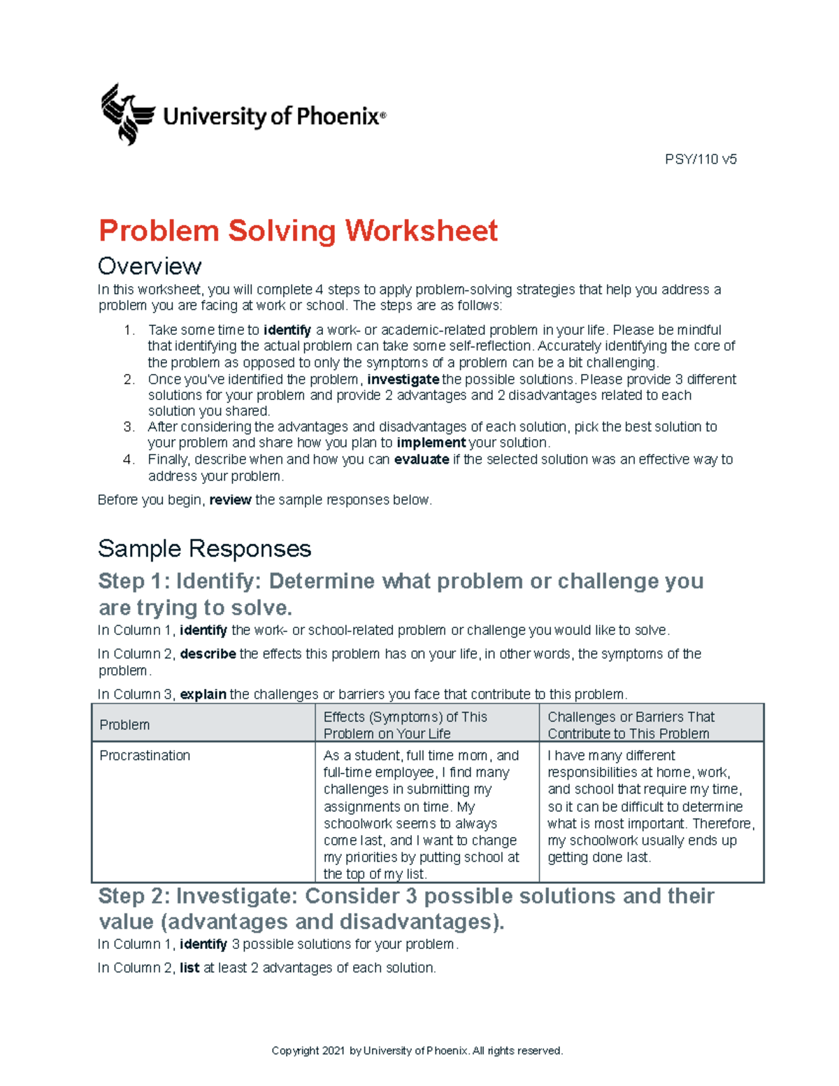 Document - None - PSY/110 v Problem Solving Worksheet Overview In this ...