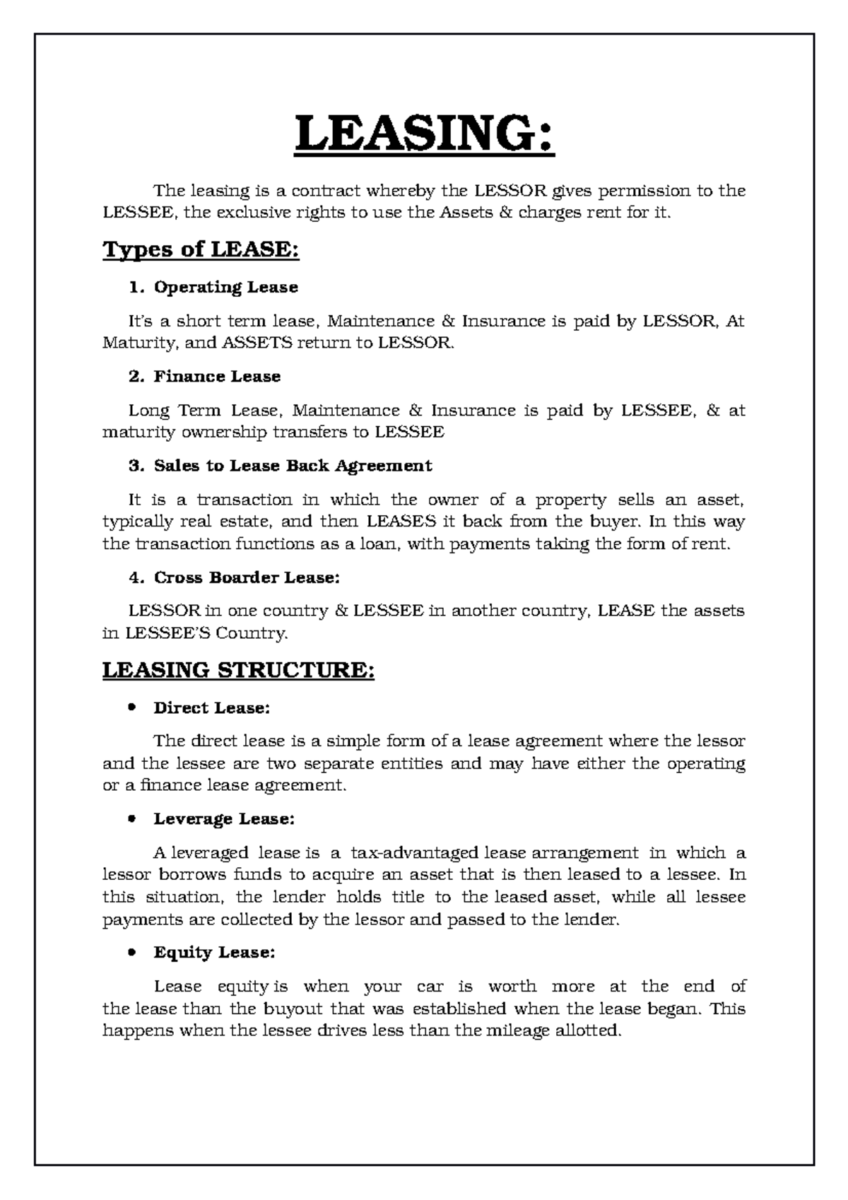 Financial Institution- Sir. Mumtaz - LEASING: The leasing is a contract ...