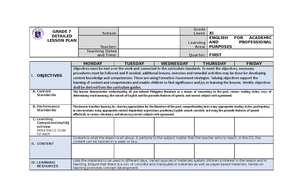 DLP Sample - GRADE 7 DETAILED LESSON PLAN School: Grade Level: XI ...
