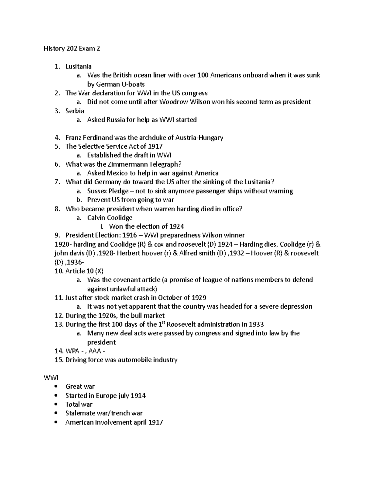 History 202 Exam 2 - Lecture notes 1 - History 202 Exam 2 1. Lusitania ...