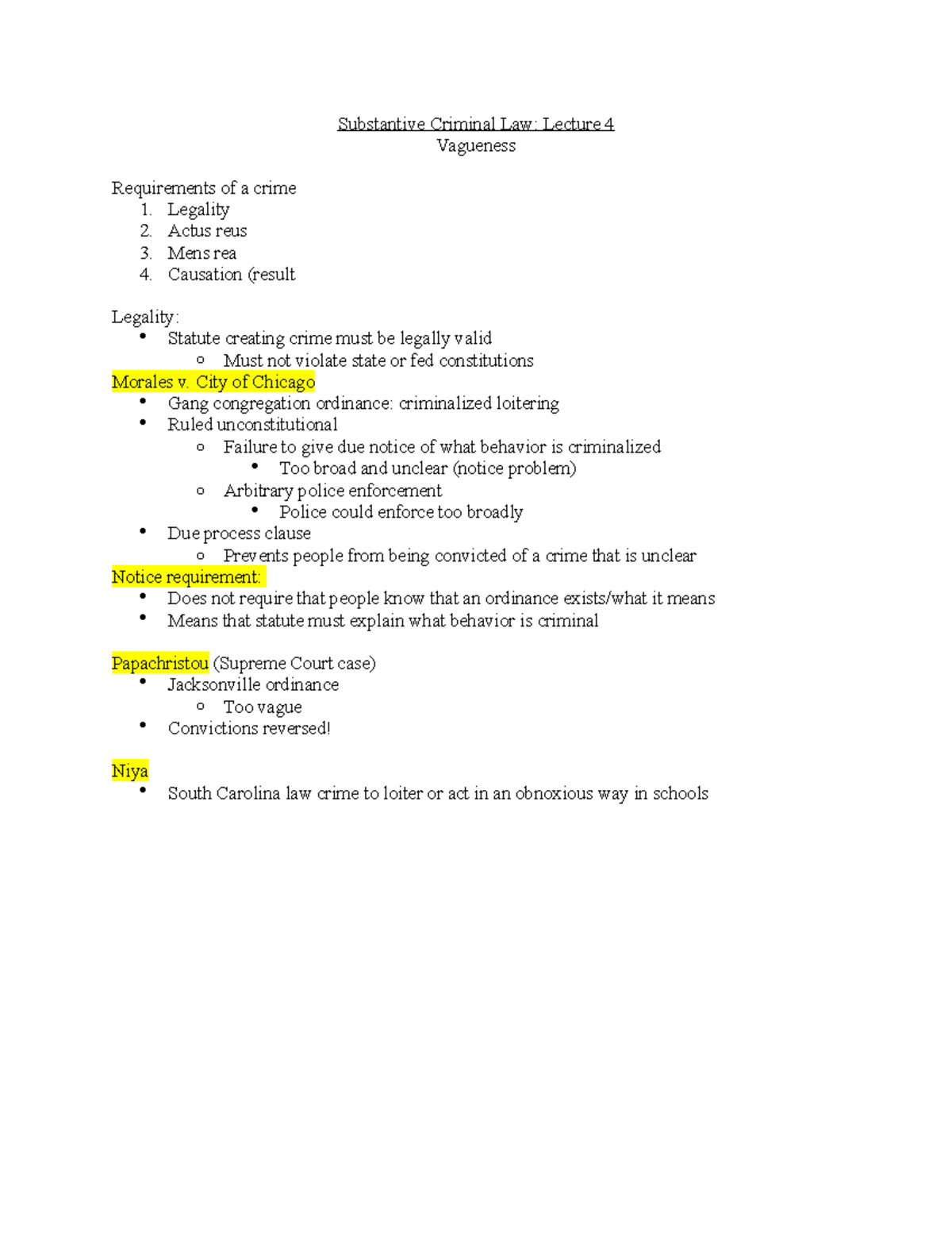 Substantive Criminal Law- Lecture 4 - Legality 2. Actus reus 3. Mens rea 4. Causation (result ...
