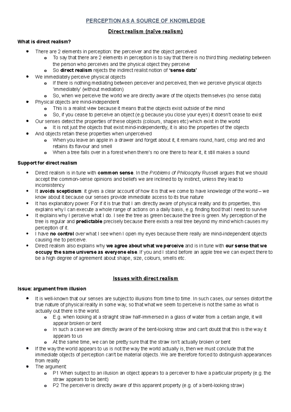 Notes (revision guide) - Perception as a source of knowledge ...