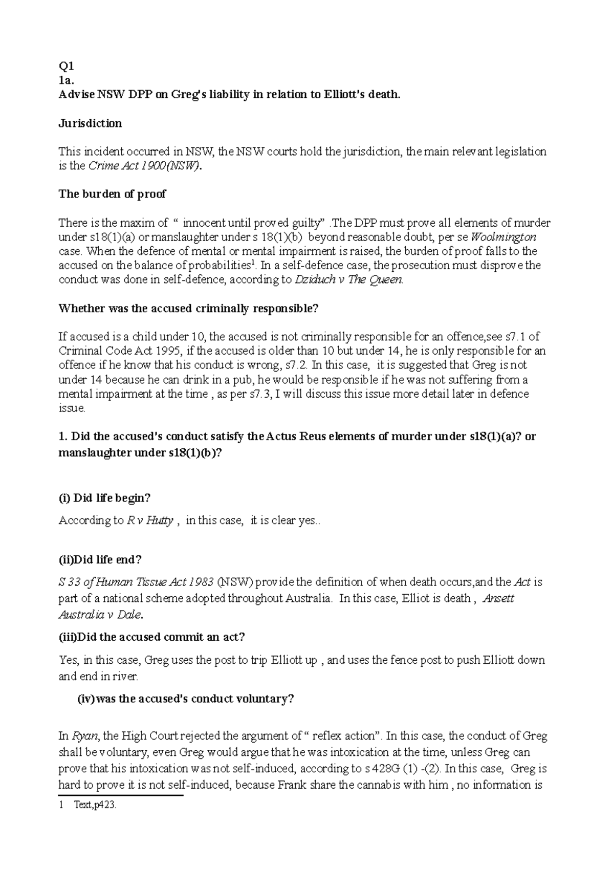 Criminal law 2021final - Q 1a. Advise NSW DPP on Greg's liability in ...