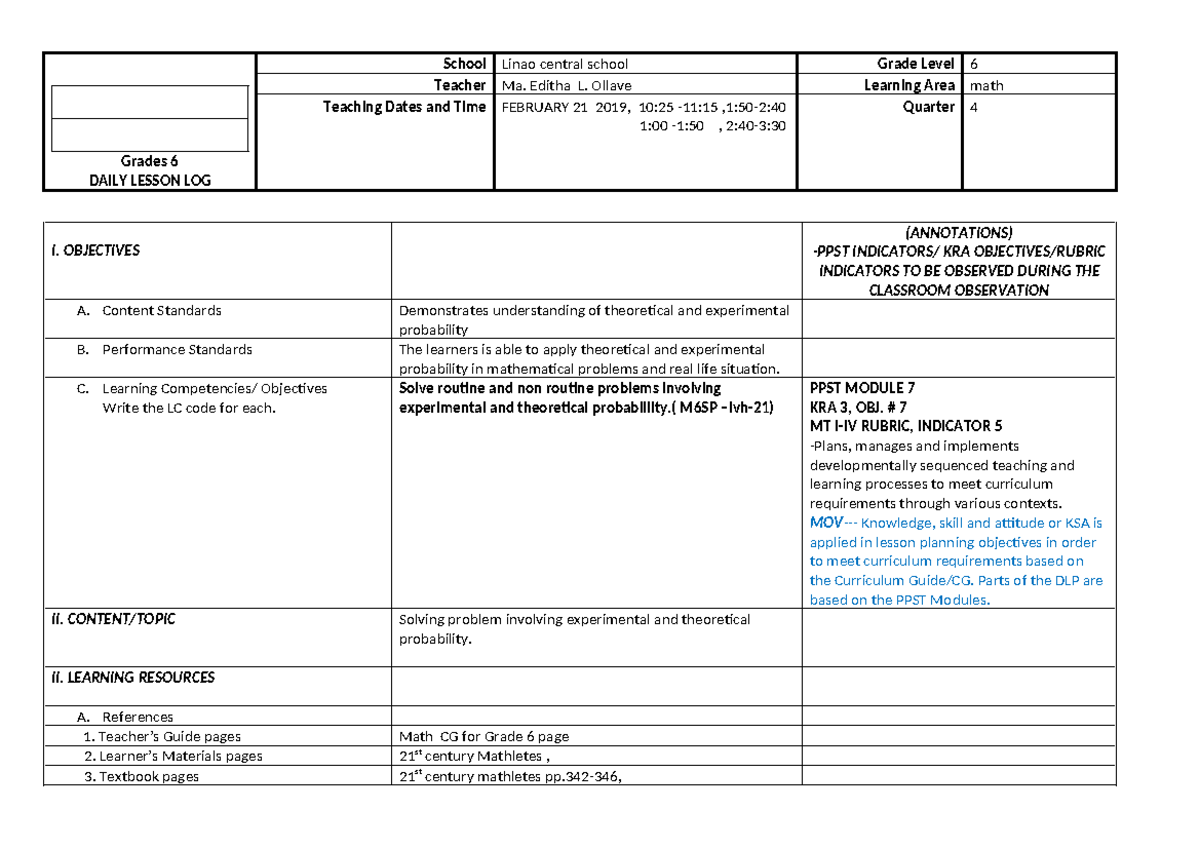 COT DLP Mathematics 6 by Teacher Ma. Editha L. Ollaves - Grades 6 DAILY LESSON LOG School Linao ...