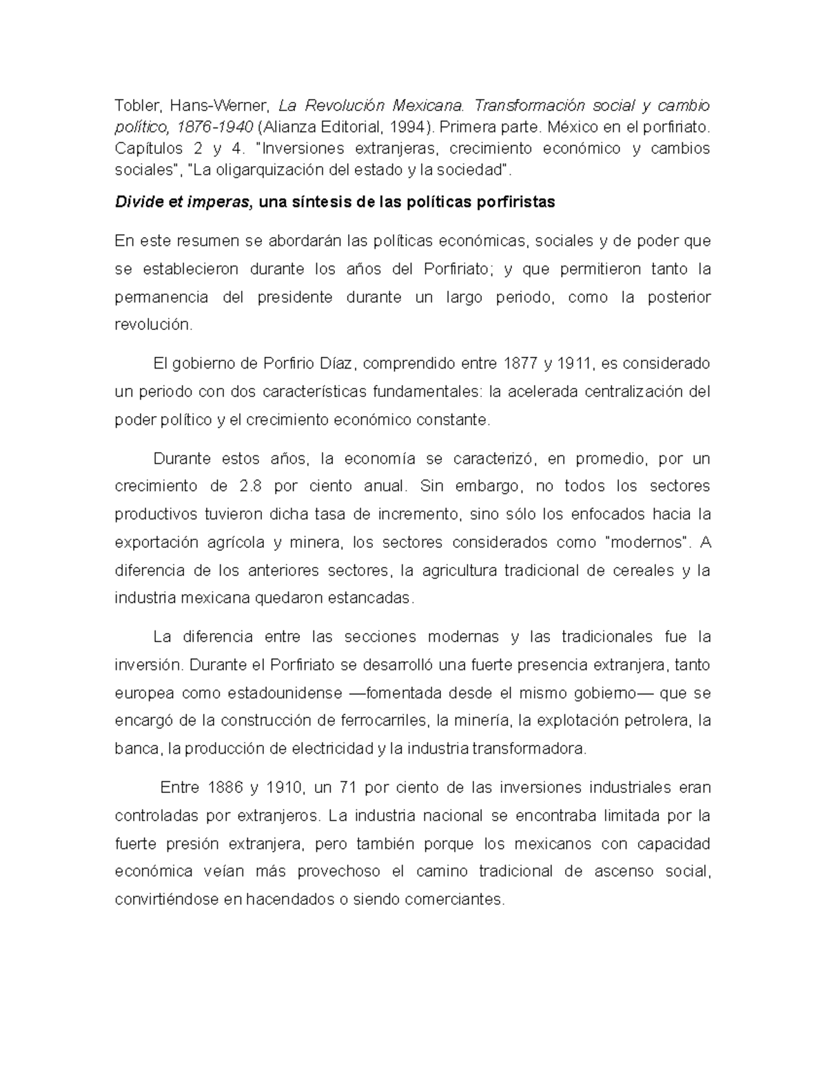 Resumen Hans-Werner Tobler, capítulos 2 y 4 del libro "La revolución ...